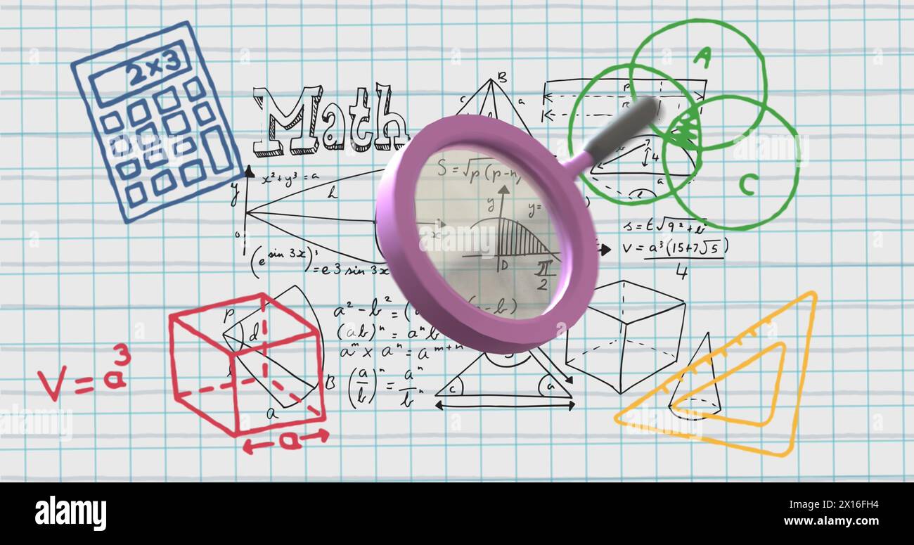Image of magnifying glass over mathematical data processing Stock Photo ...