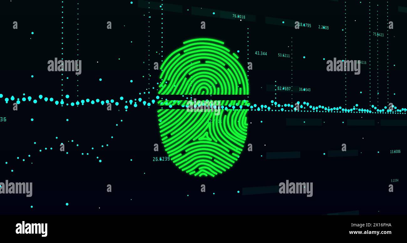 Image of fingerprint over graphs and changing numbers against black ...