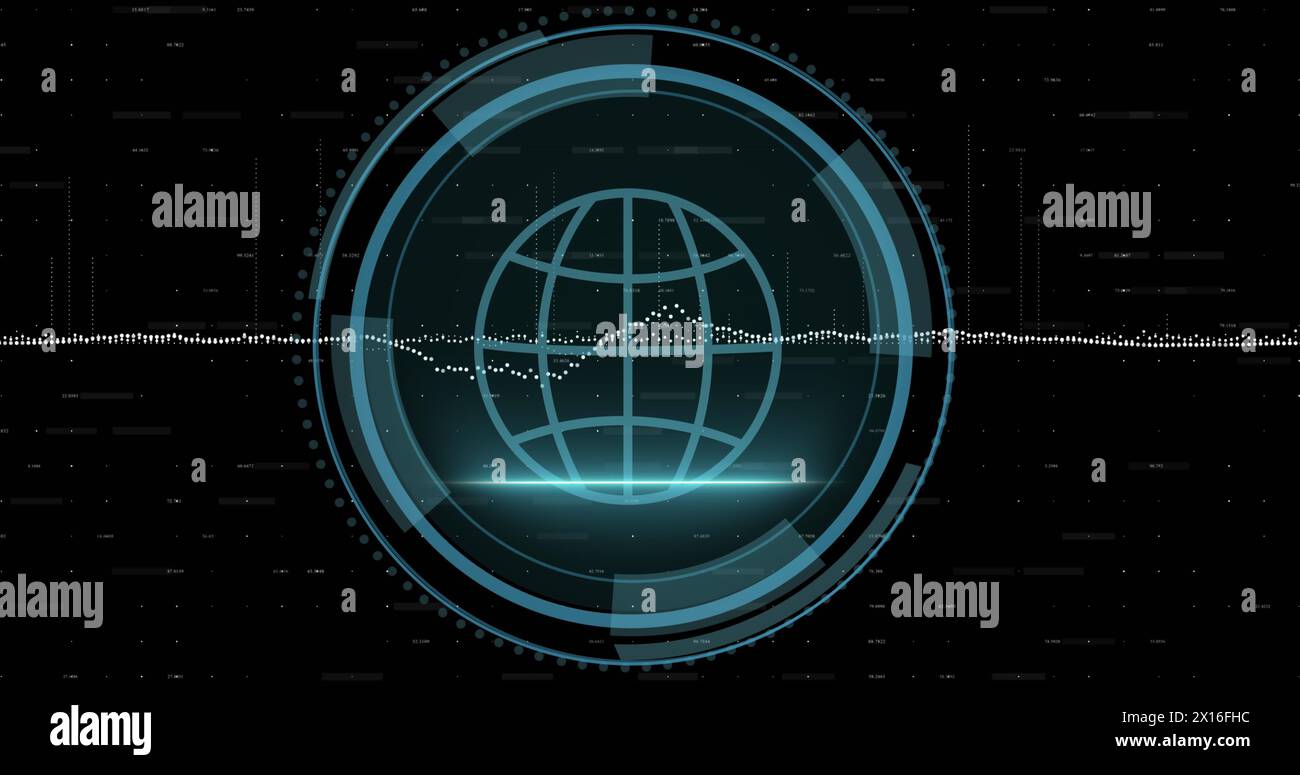 Image of graphs over globe, cyber security text in shield, loading circles on black background ...