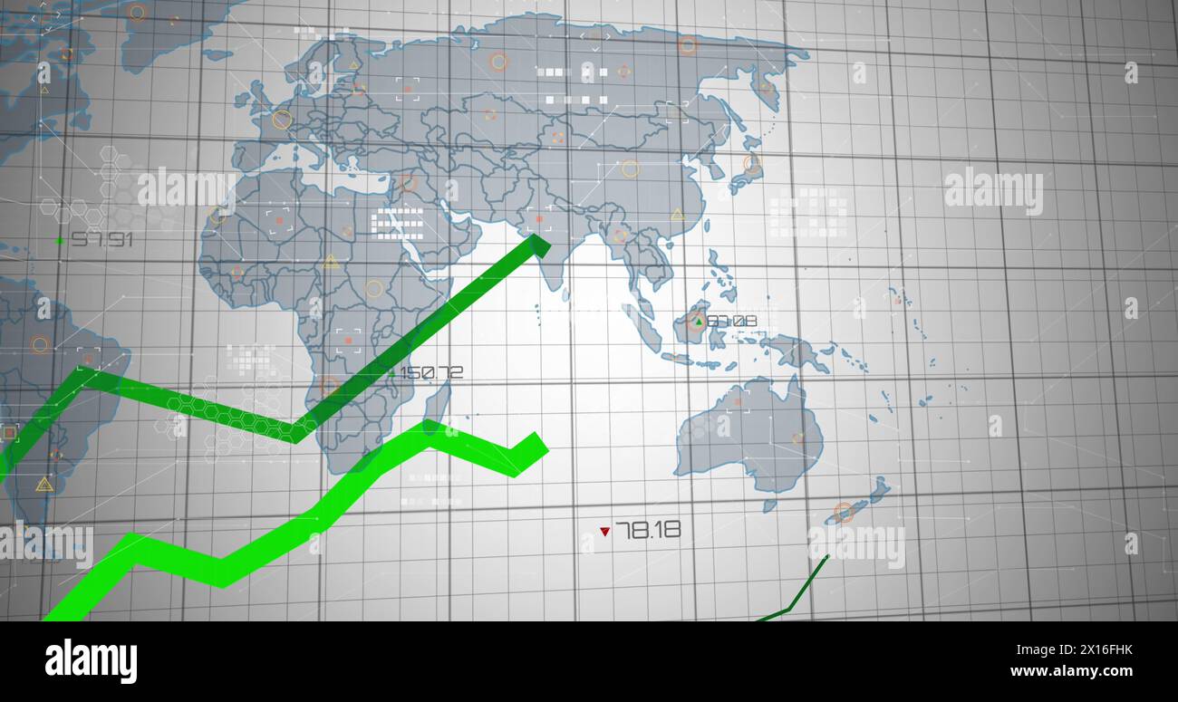 Image of multiple graphs with changing numbers over map against white background Stock Photo - Alamy