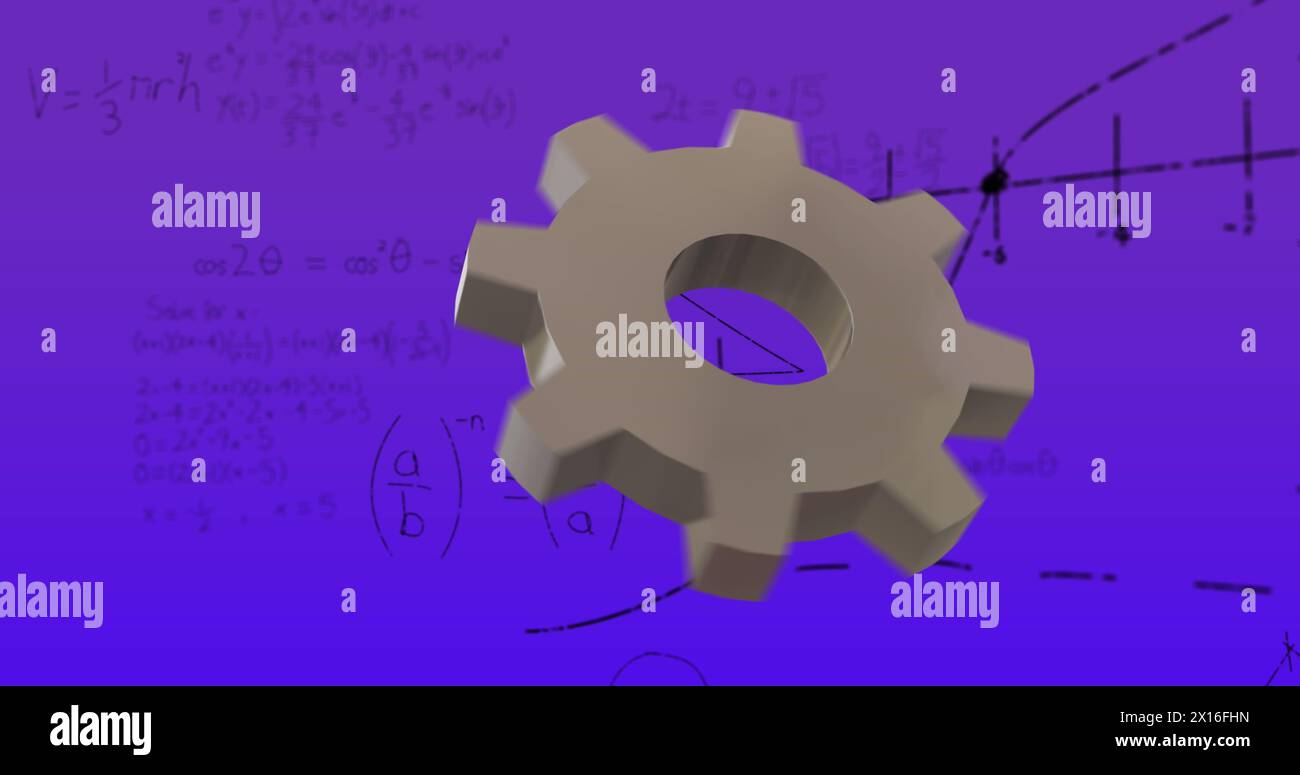 Image of grey cog over mathematical data processing Stock Photo - Alamy