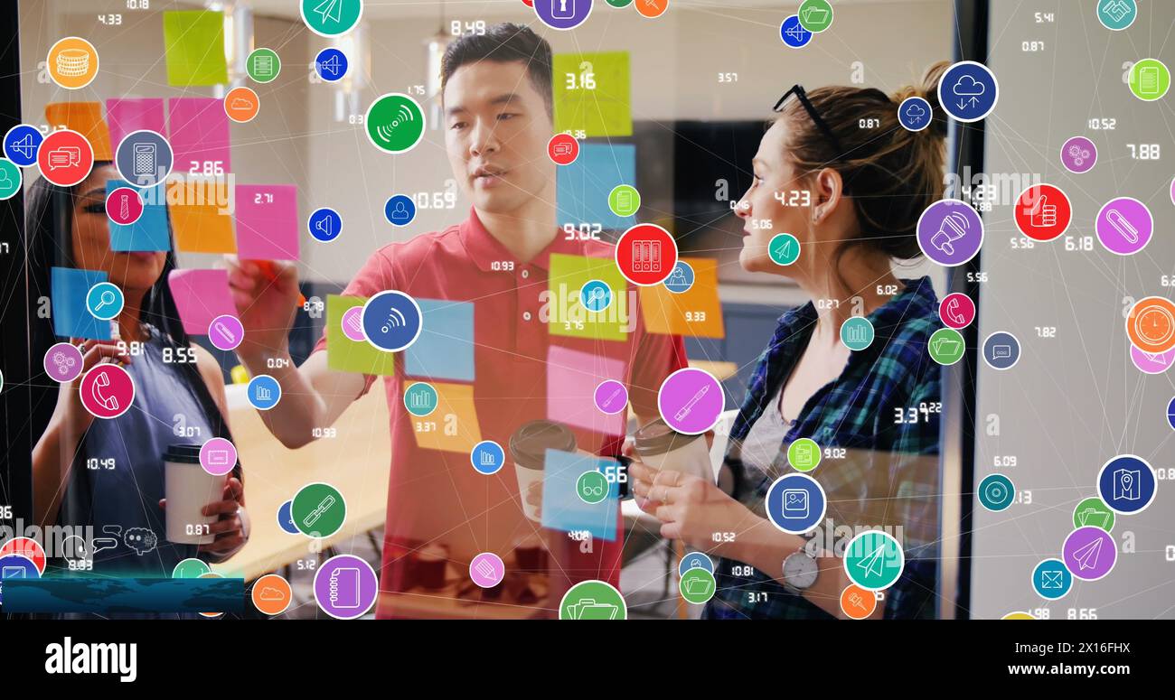 Image of colorful circles with icons and numbers, diverse coworkers ...