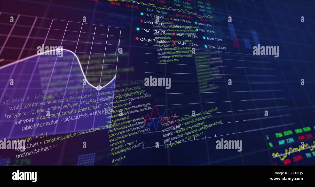 Image of computer language, graphs and trading boards over black ...
