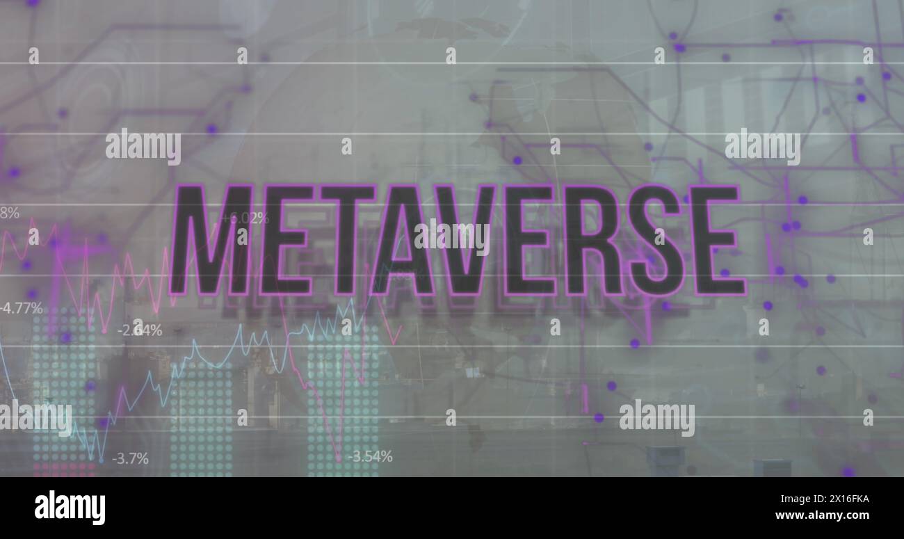 Image of metaverse text, multiple graphs and changing numbers over ...