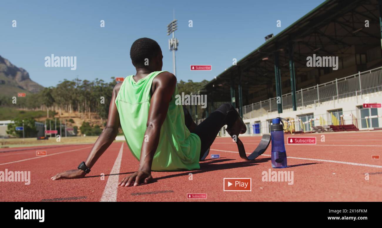 Image of notification bars over tired african american athlete sitting ...