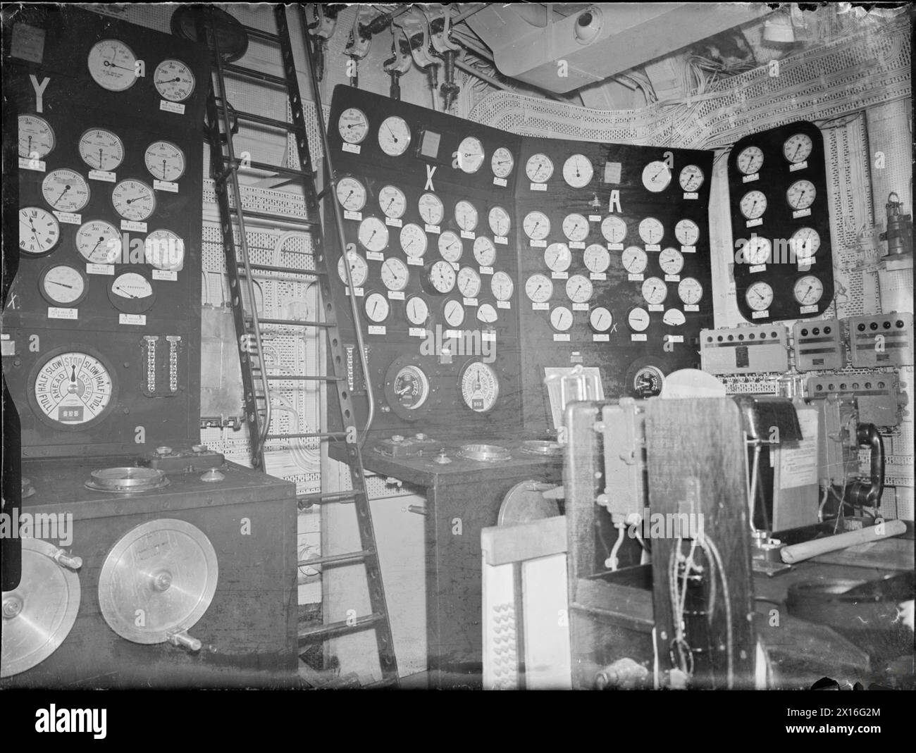 A section of HMS Indefatigable's machinery control room shows three of ...