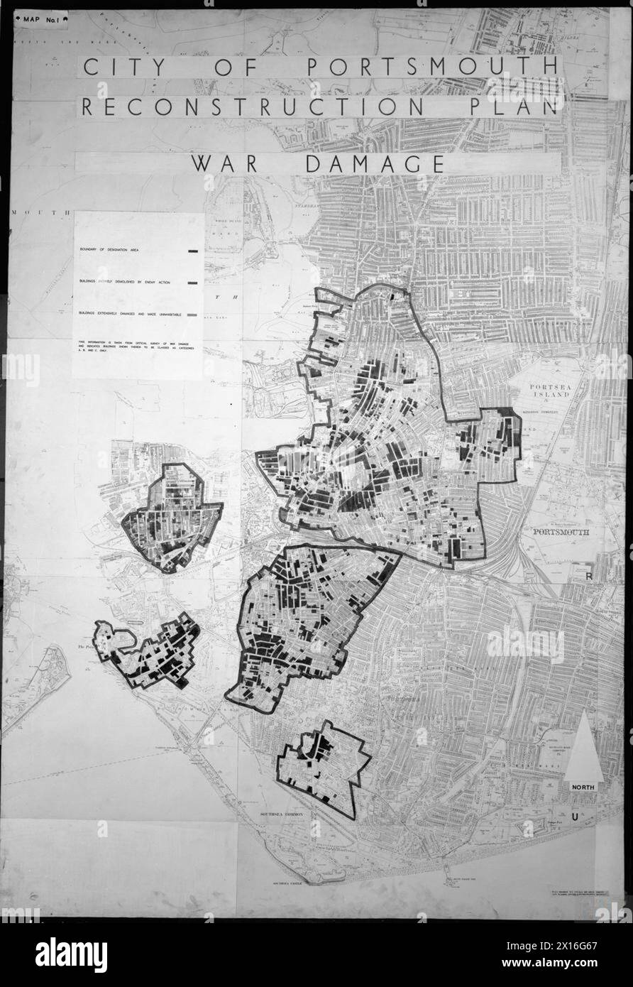 Post-war reconstruction planning in Portsmouth, Britain, mapped areas ...