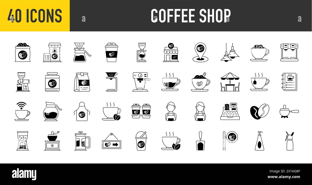 Coffee shop icons. Beans, hot cocktail and coffee maker machine ...