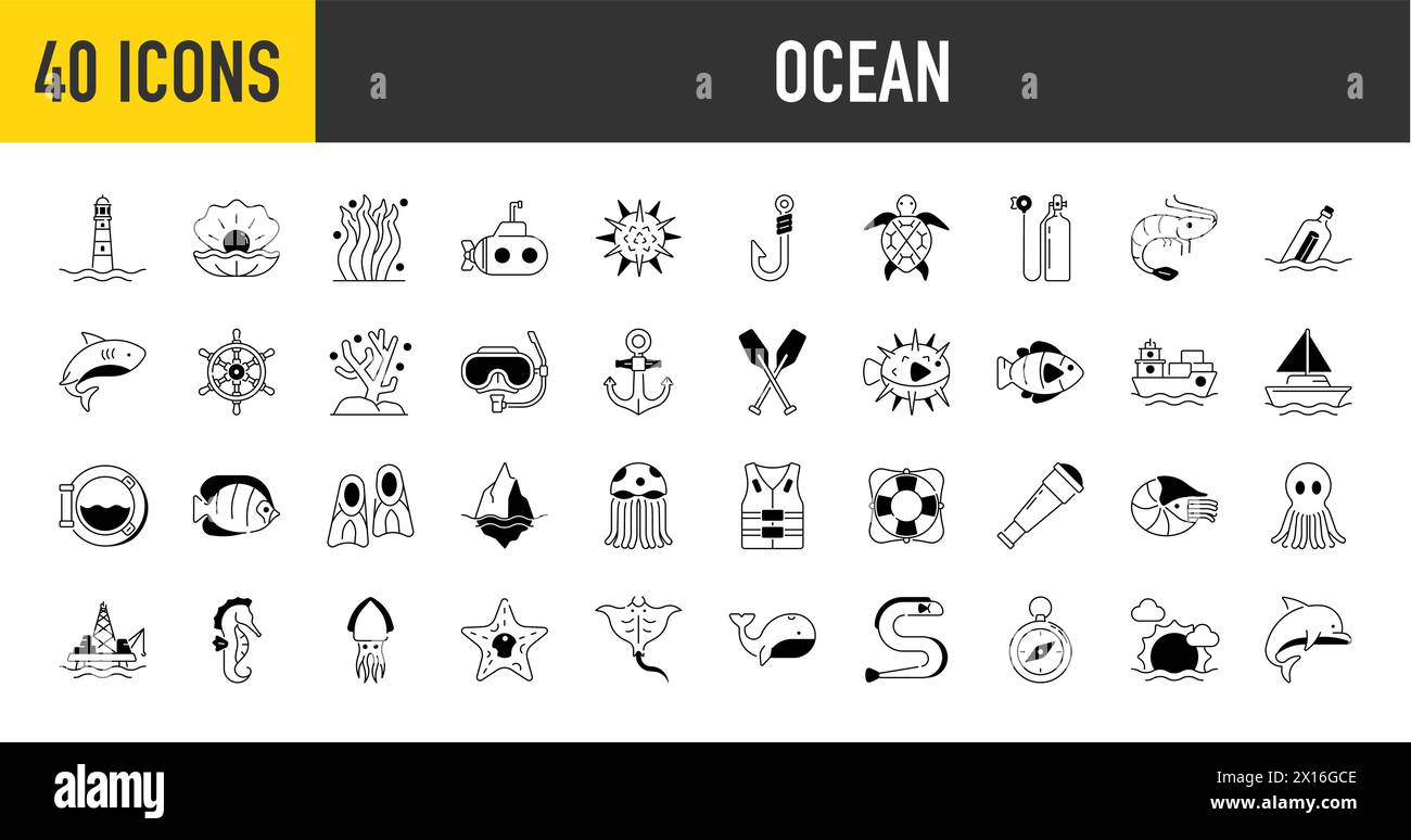 Sea and ocean icon set. Outdoor activities and marine life concept ...