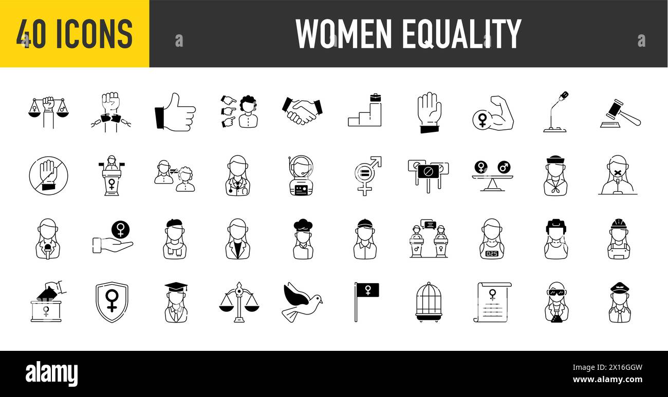 Set of women equality vector icons. Such as female sign, law, justice ...