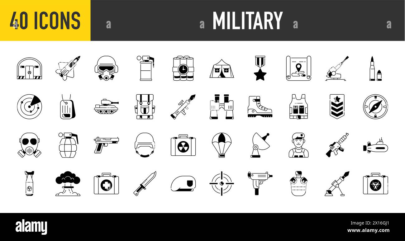Set of war, military, army icons. Military Equipment, tools, aids and ...