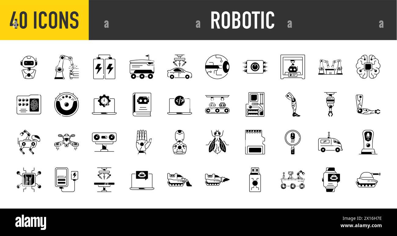 Robotic icons. Icon set with machine learning, brain, ai, head, machine ...