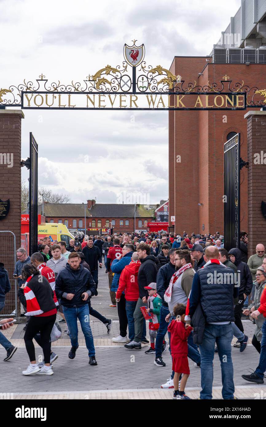 Fans streaming out of Anfield Stadium after a match, Liverpool, April ...