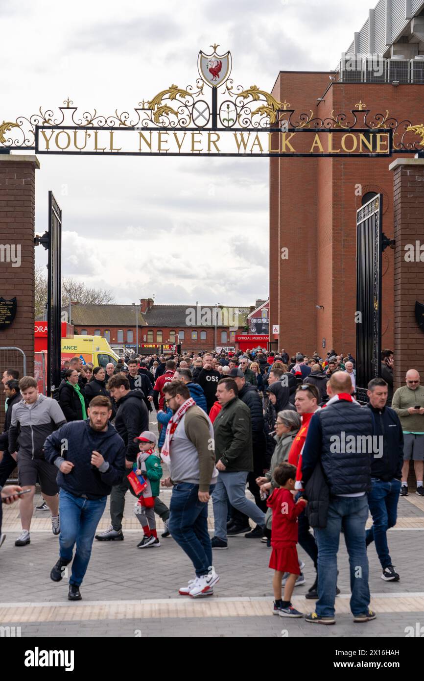 Fans streaming out of Anfield Stadium after a match, Liverpool, April ...