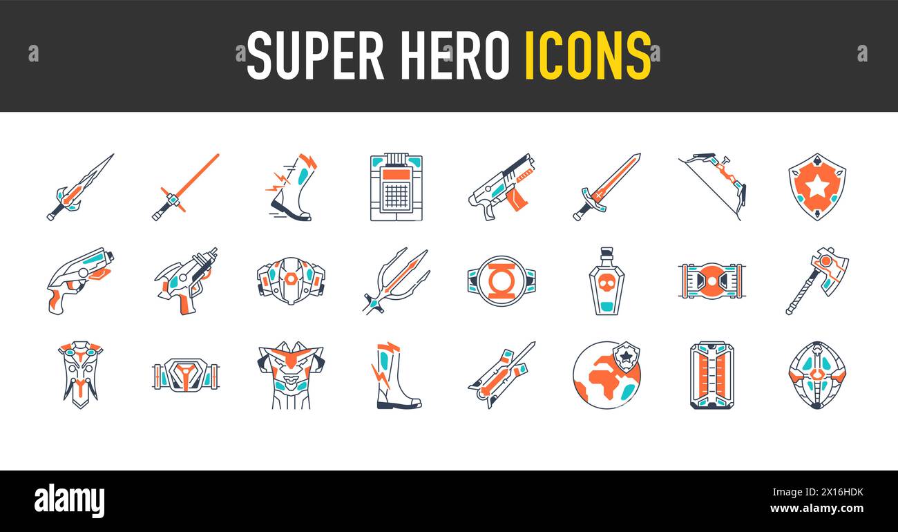 Super Hero icon set in thin style. Contains such icons as Water gun ...