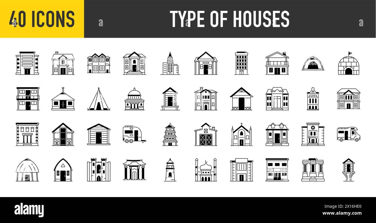 Type of houses. Set of icons of big city buildings. Urban architecture ...