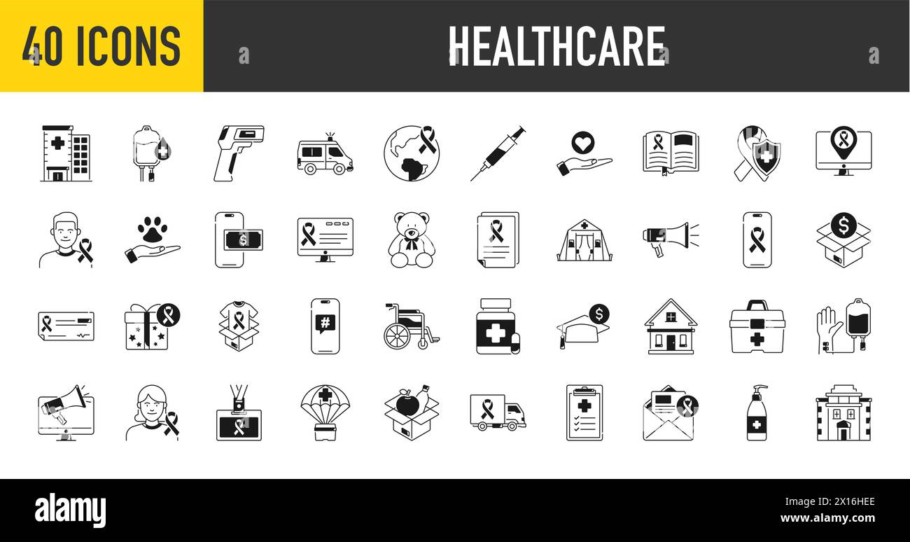Healthcare icon set. Medical care service symbol collection of hospital, injection, ambulance ...