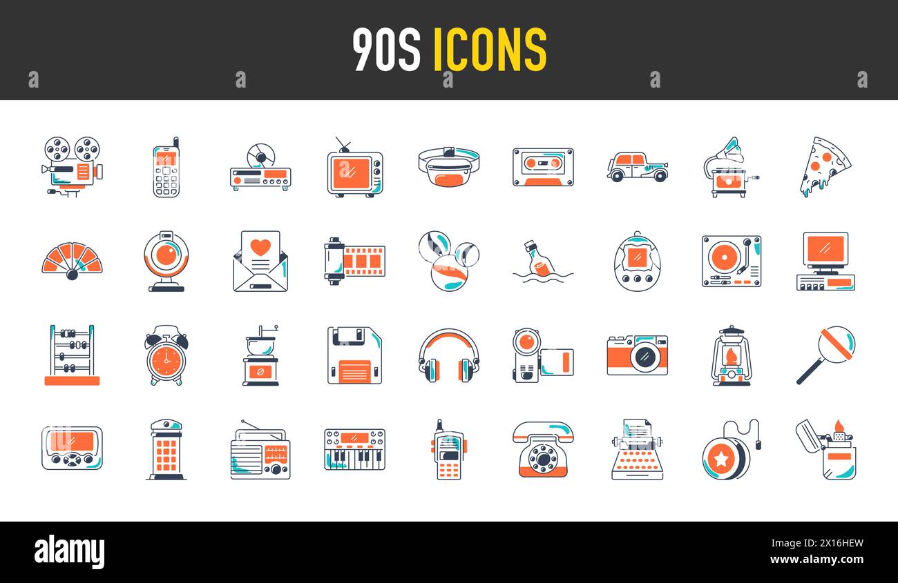 Set of retro 90s vector icons. Such as pizza, television, cellphone ...
