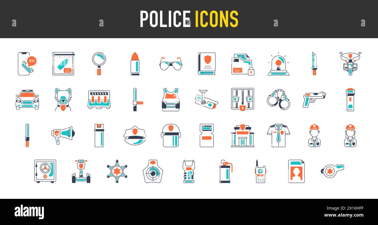 Police icon set. Containing car, dog, gun, police station, walkie ...
