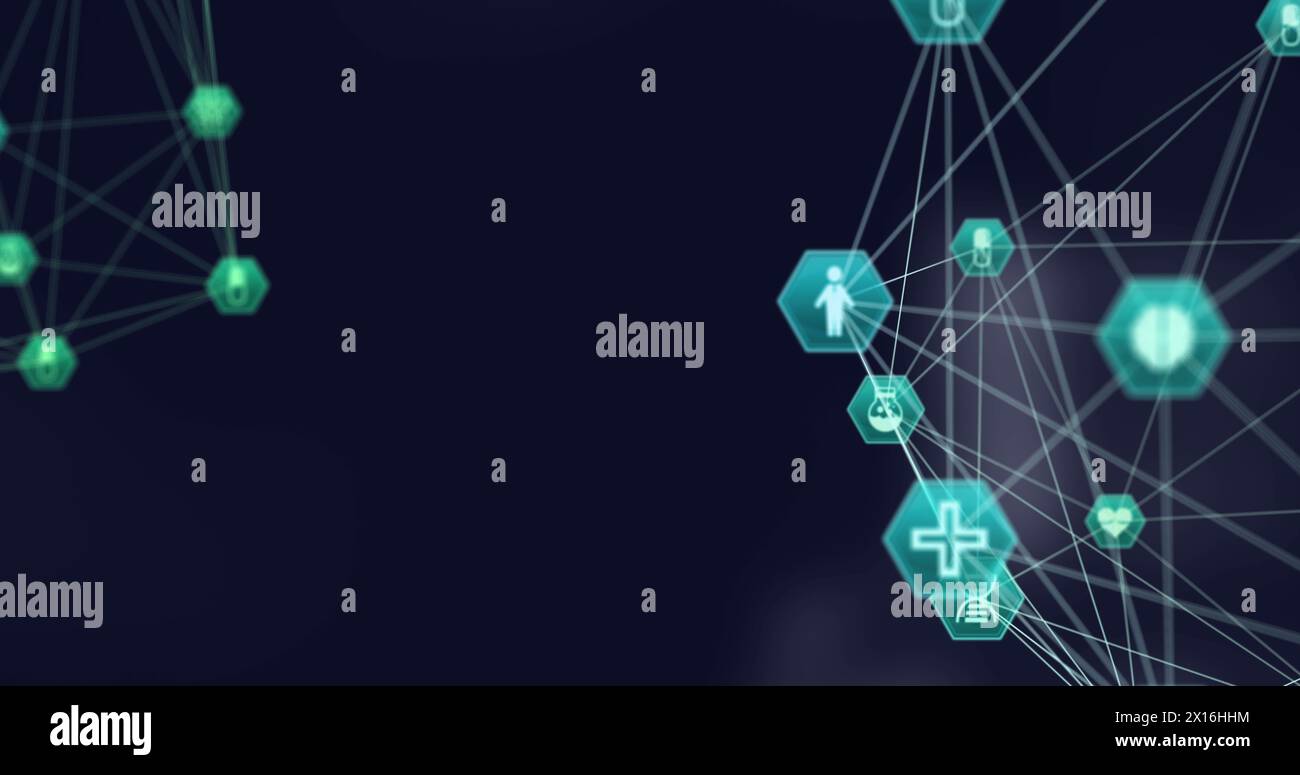 Image of icons connected with lines forming globes over black background Stock Photo - Alamy