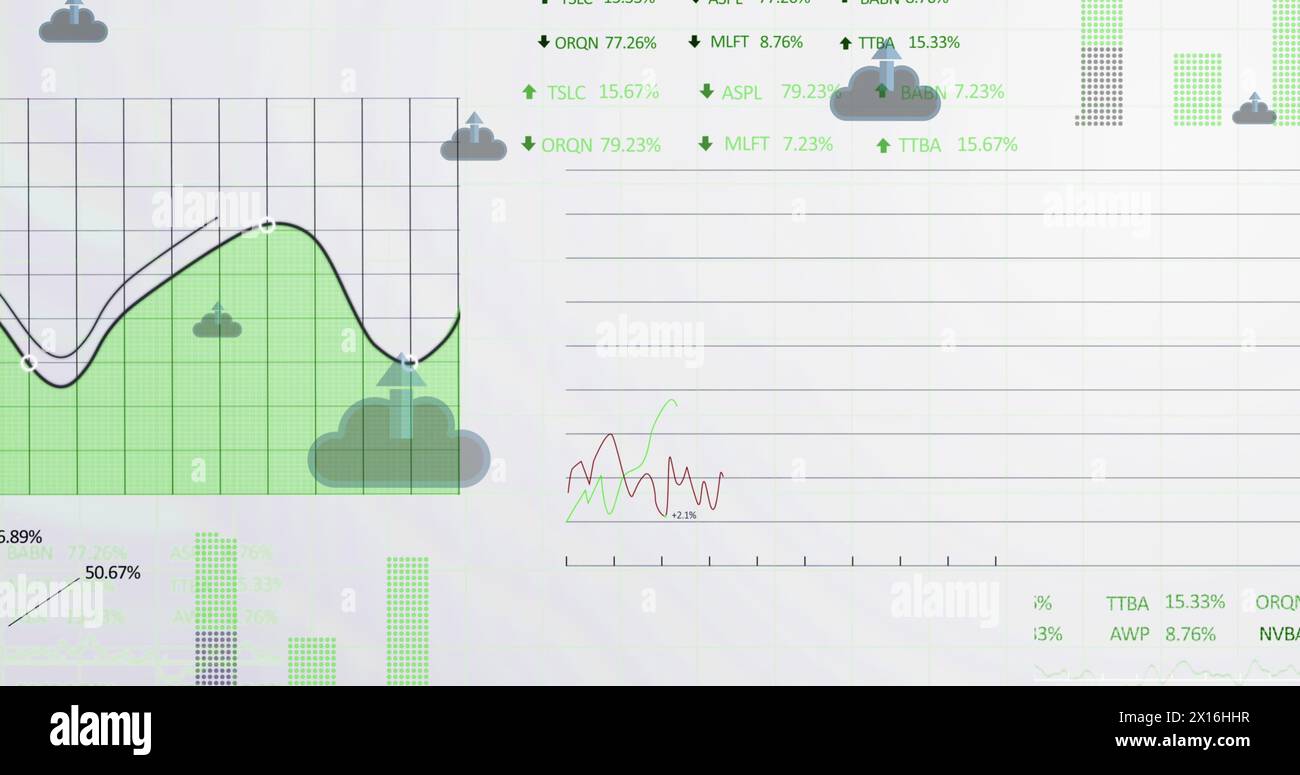 Image of arrow in clouds with multiple graphs and trading boards over ...