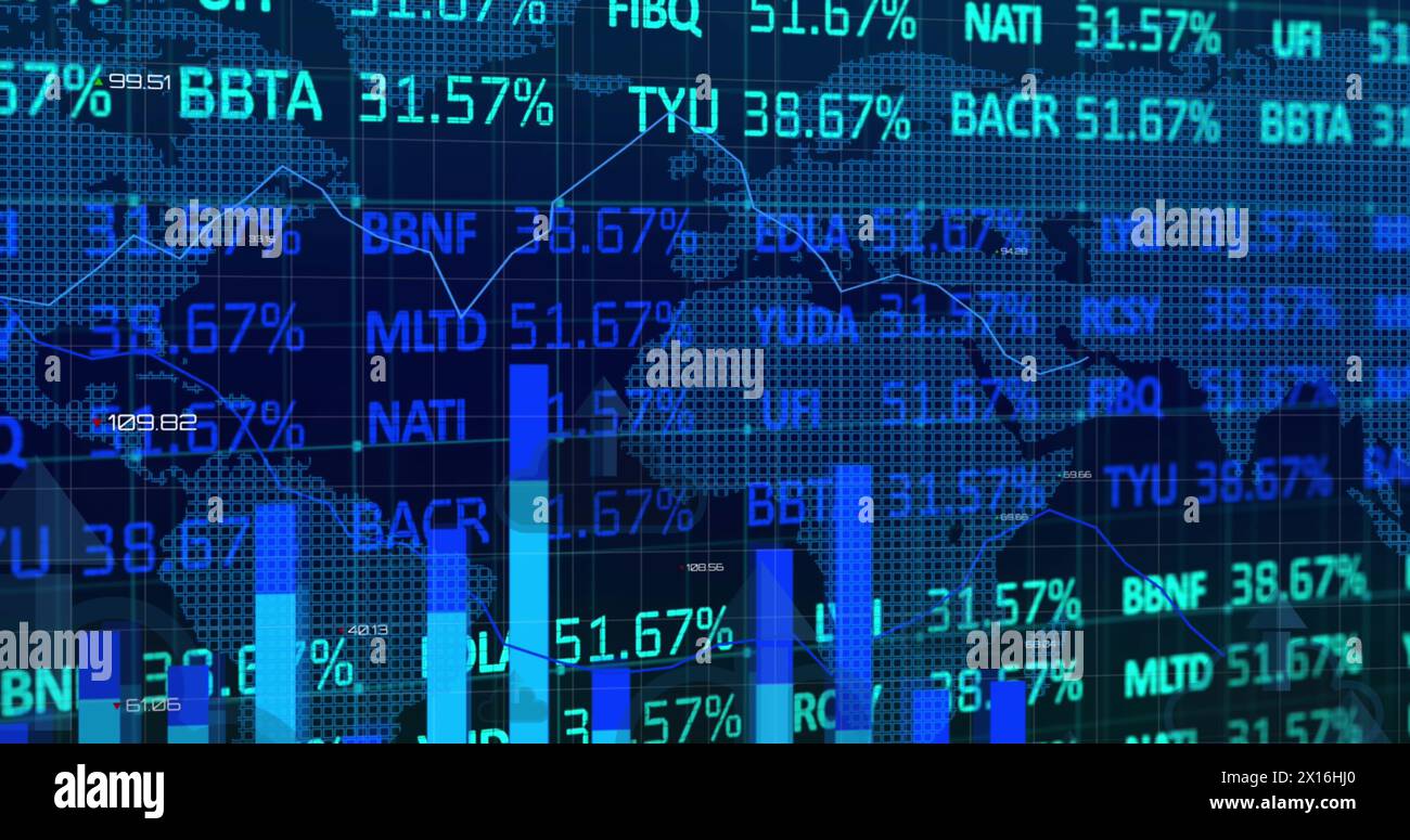 Image of arrow on cloud, graphs, trading board and map over abstract ...