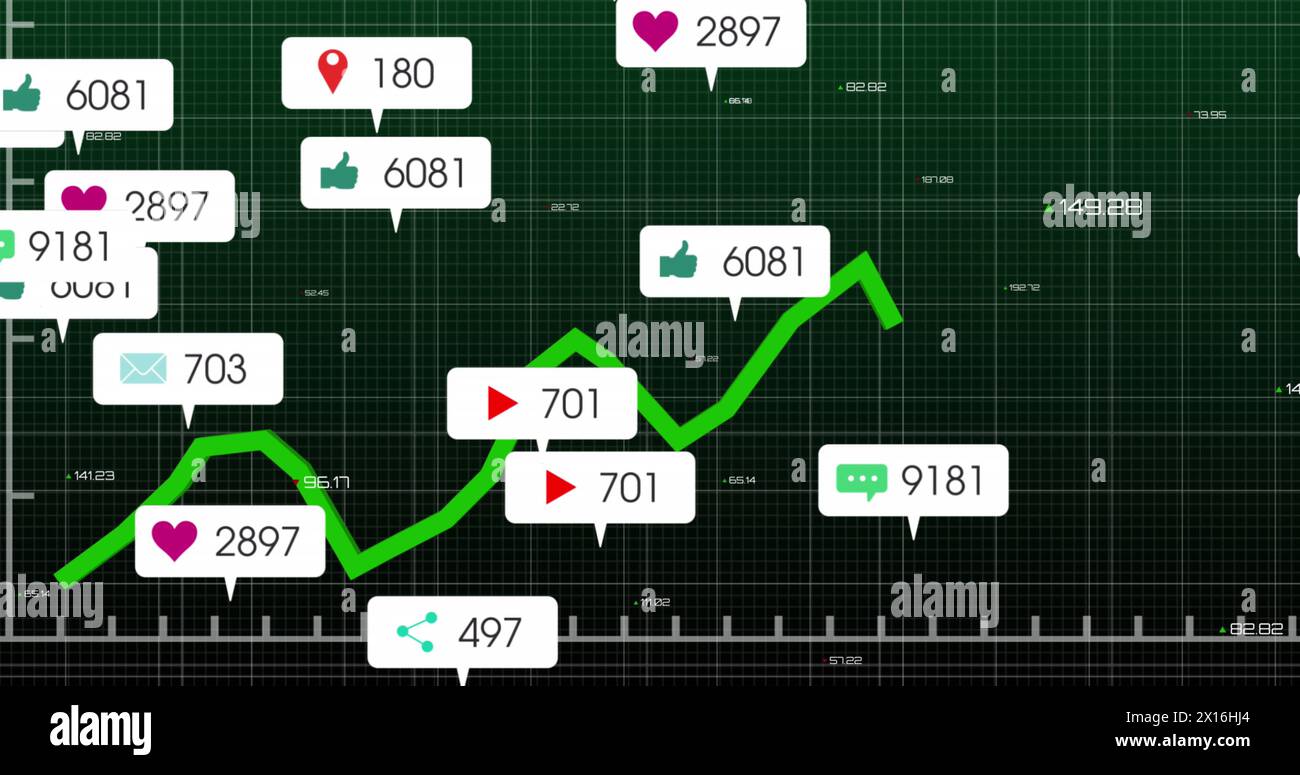 Image of notification bars over graphs and changing numbers against abstract background Stock ...