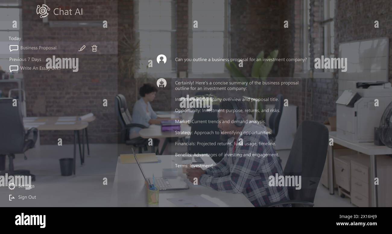 Chat ai logo and conversation text over diverse casual business ...
