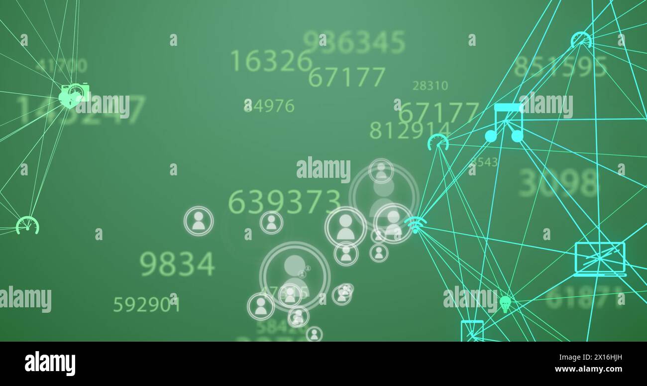 Image of changing numbers, profile icons, spinning globes of digital ...