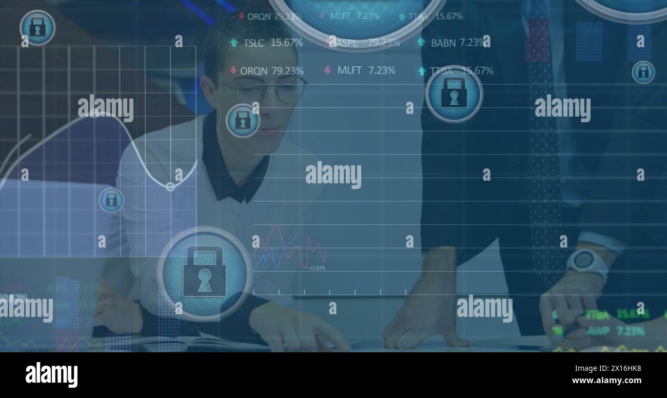 Image padlock in circles, trading boards, graphs over caucasian ...