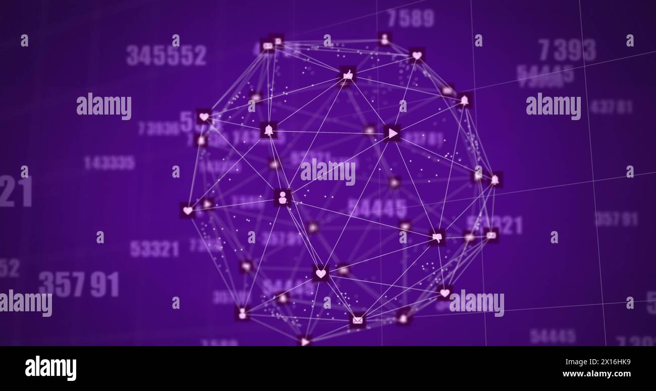 Image of multiple changing numbers and spinning globe of digital icons against purple background ...