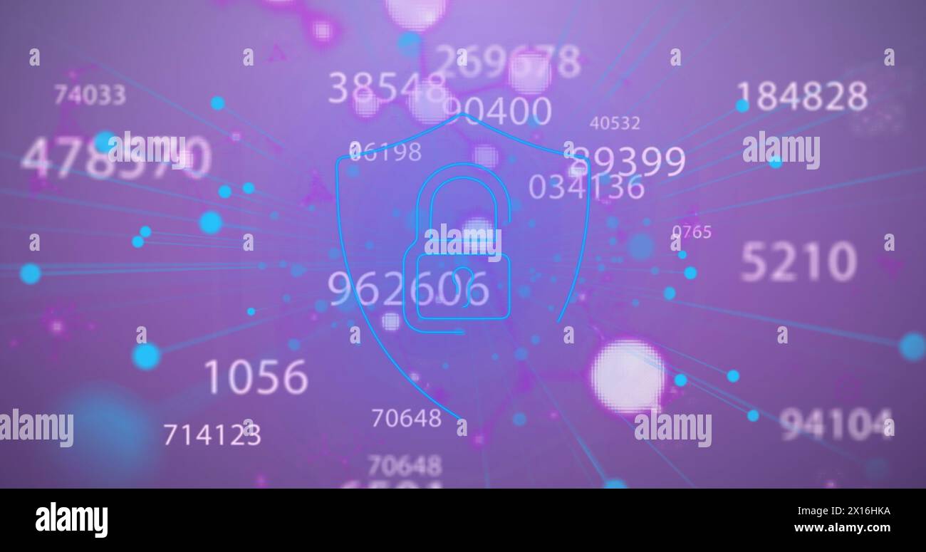 Image of multiple changing numbers and security padlock icon against purple background Stock ...