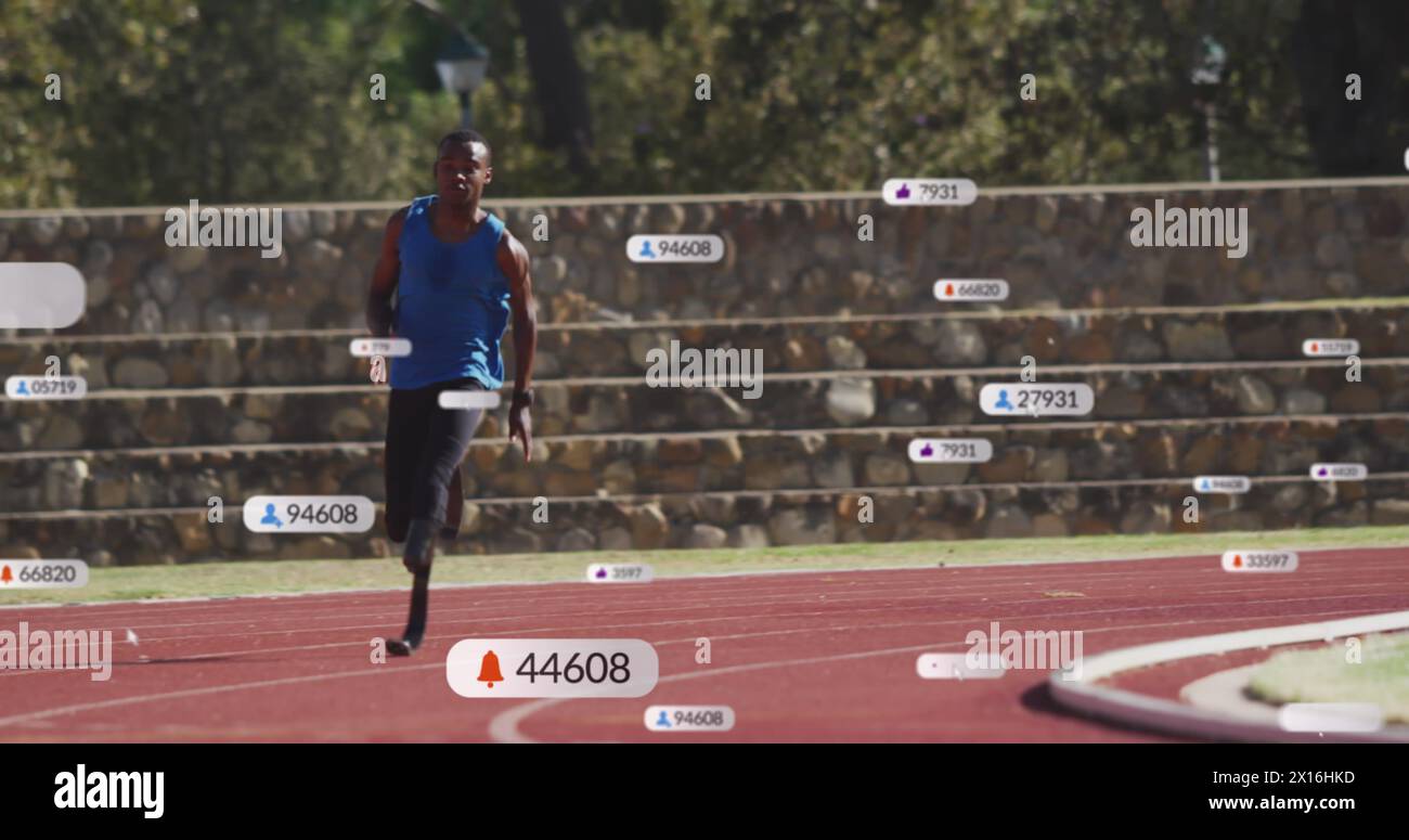 Image of notification bars over african american athlete running on ...