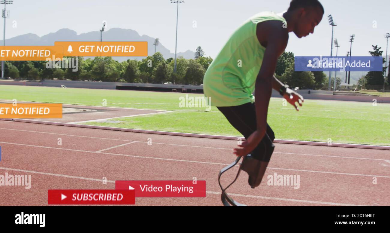Image of notification bars, african american athlete tired after ...