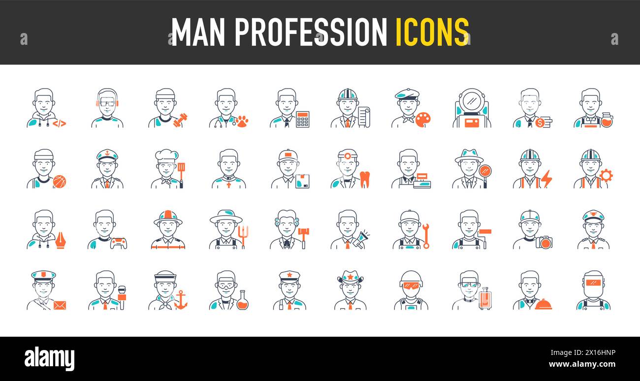 Man professions icons set. Occupations, Workers, Lawyer, Chef, Doctor ...