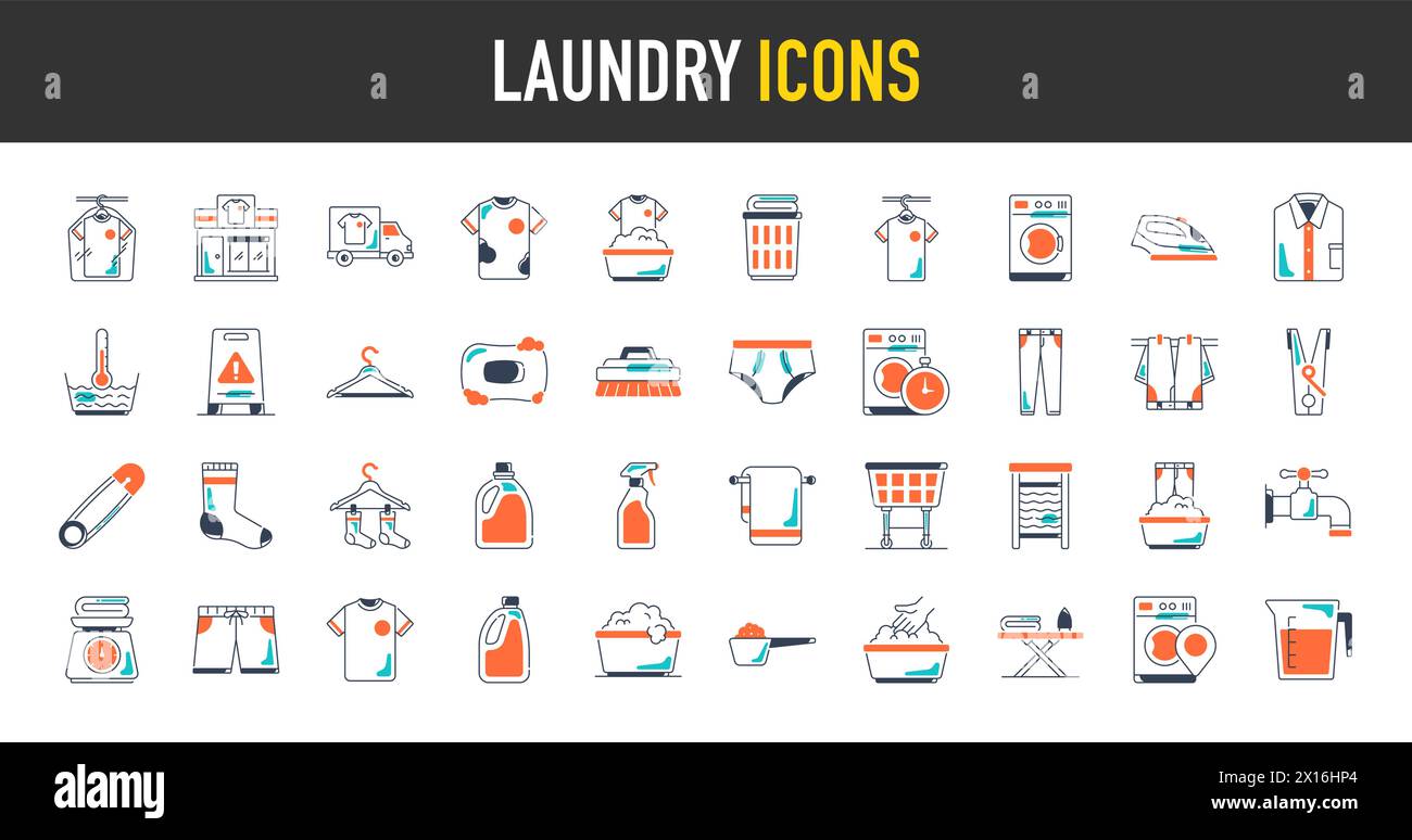 Vector set of laundry icons with of hand washing, dress, iron, washing ...