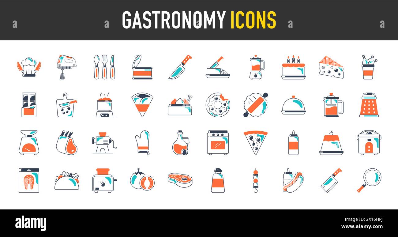 40 gastronomy universal icons set with Apple, Steak, Menu, Oyster, Fast ...