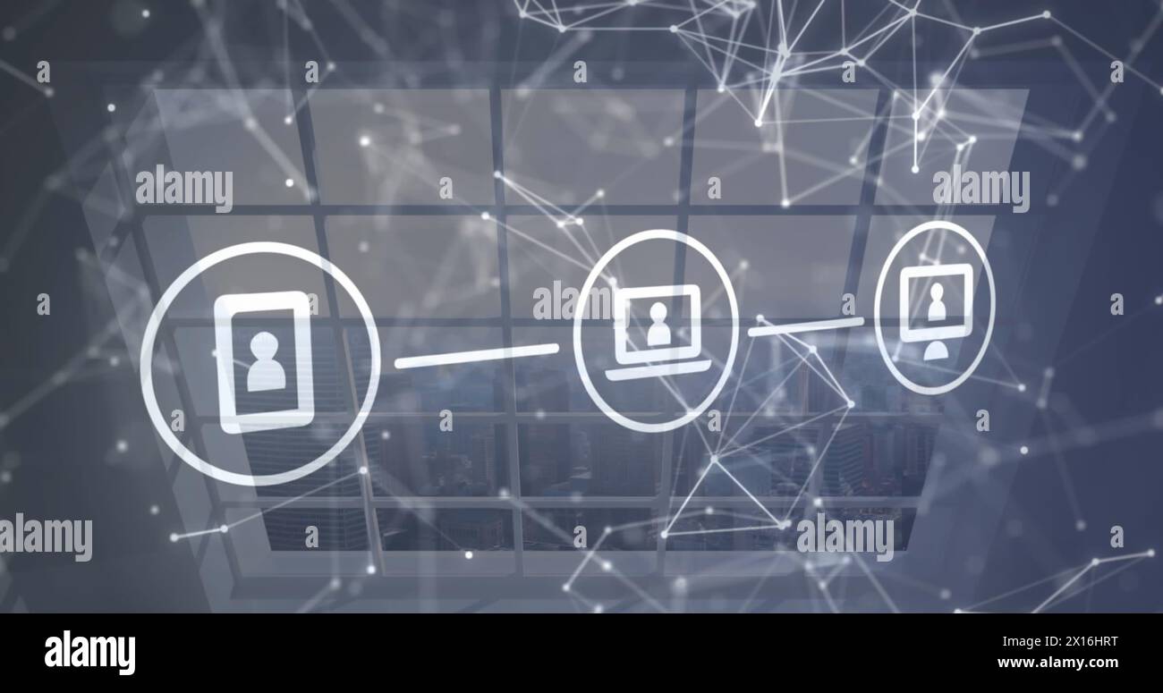 Image of network of connections and digital icons against view of ...