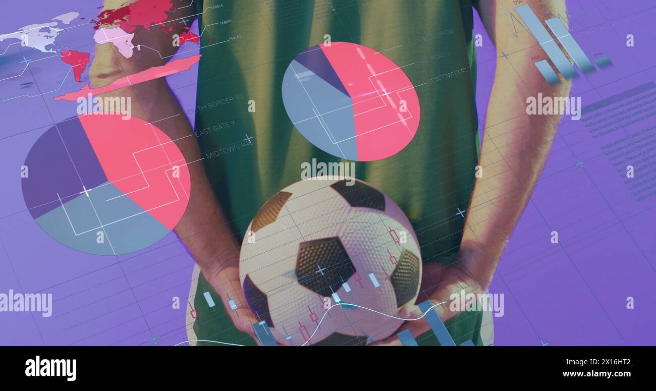 Image of charts and data on interface over caucasian male football ...