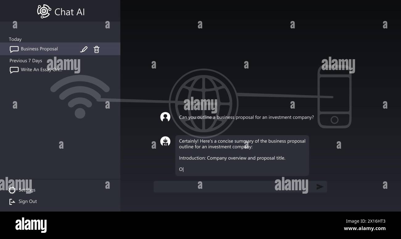 Chat ai logo and conversation text over network of wi fi, globe and ...