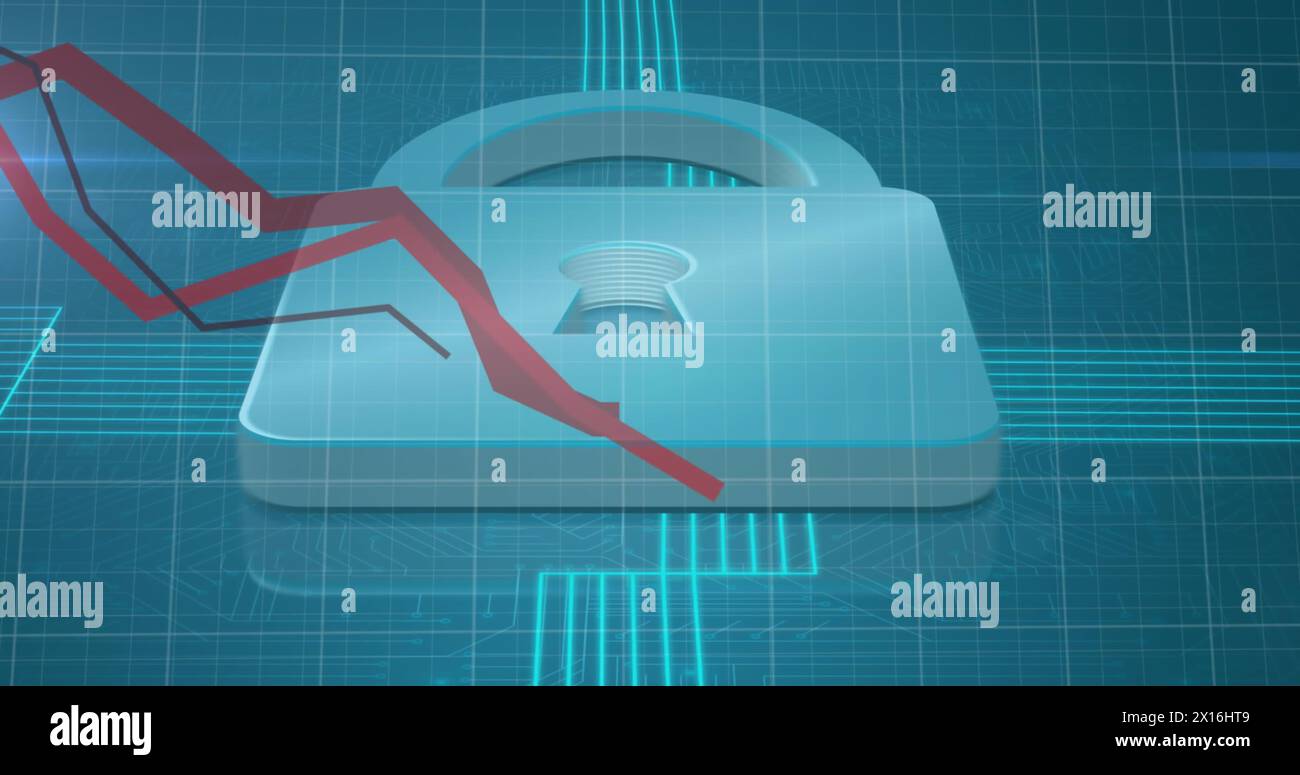 Image Of Statistical Data Processing Over Security Padlock Icon And Microprocessor Connections