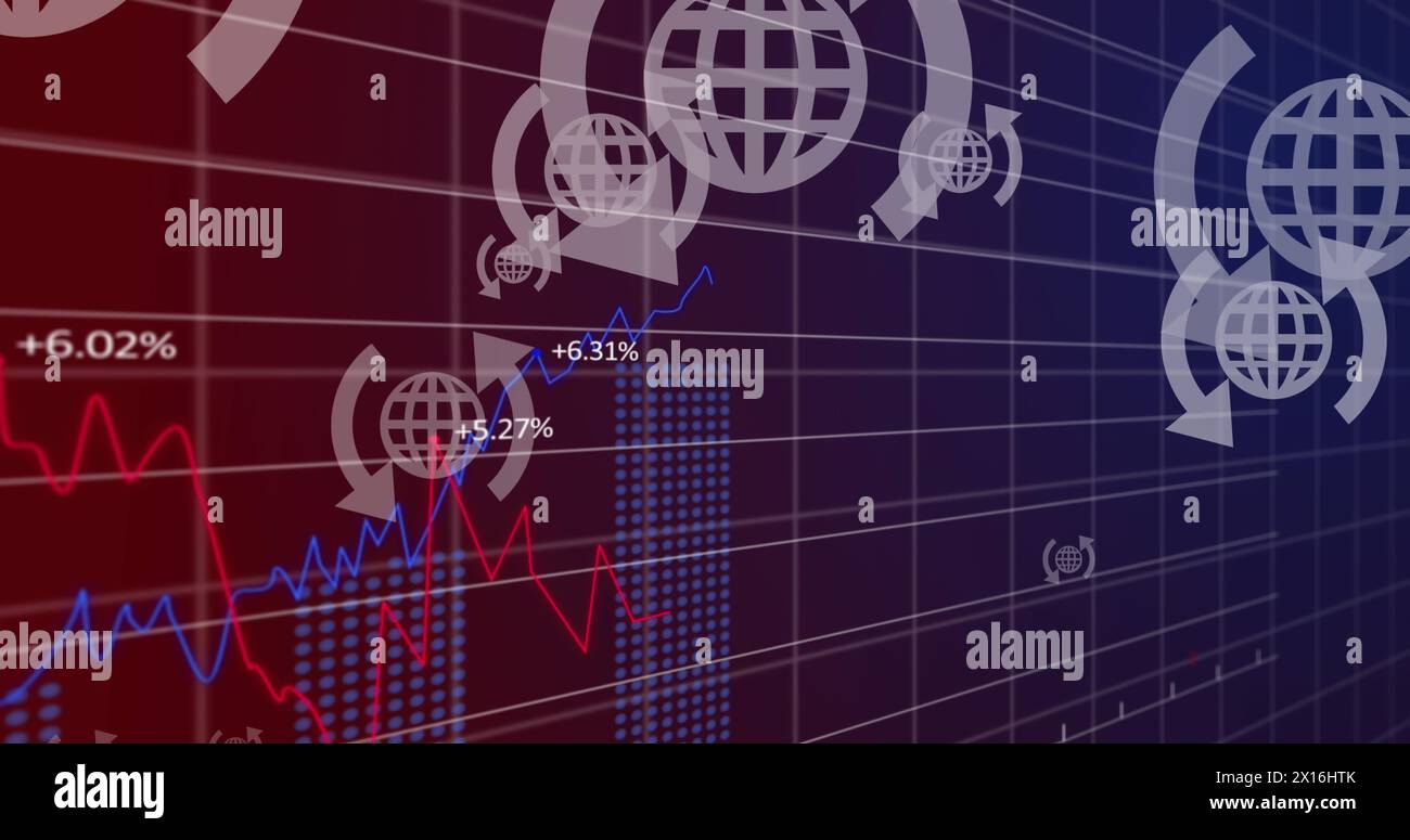 Image of arrow around globes, graphs with changing numbers over black ...