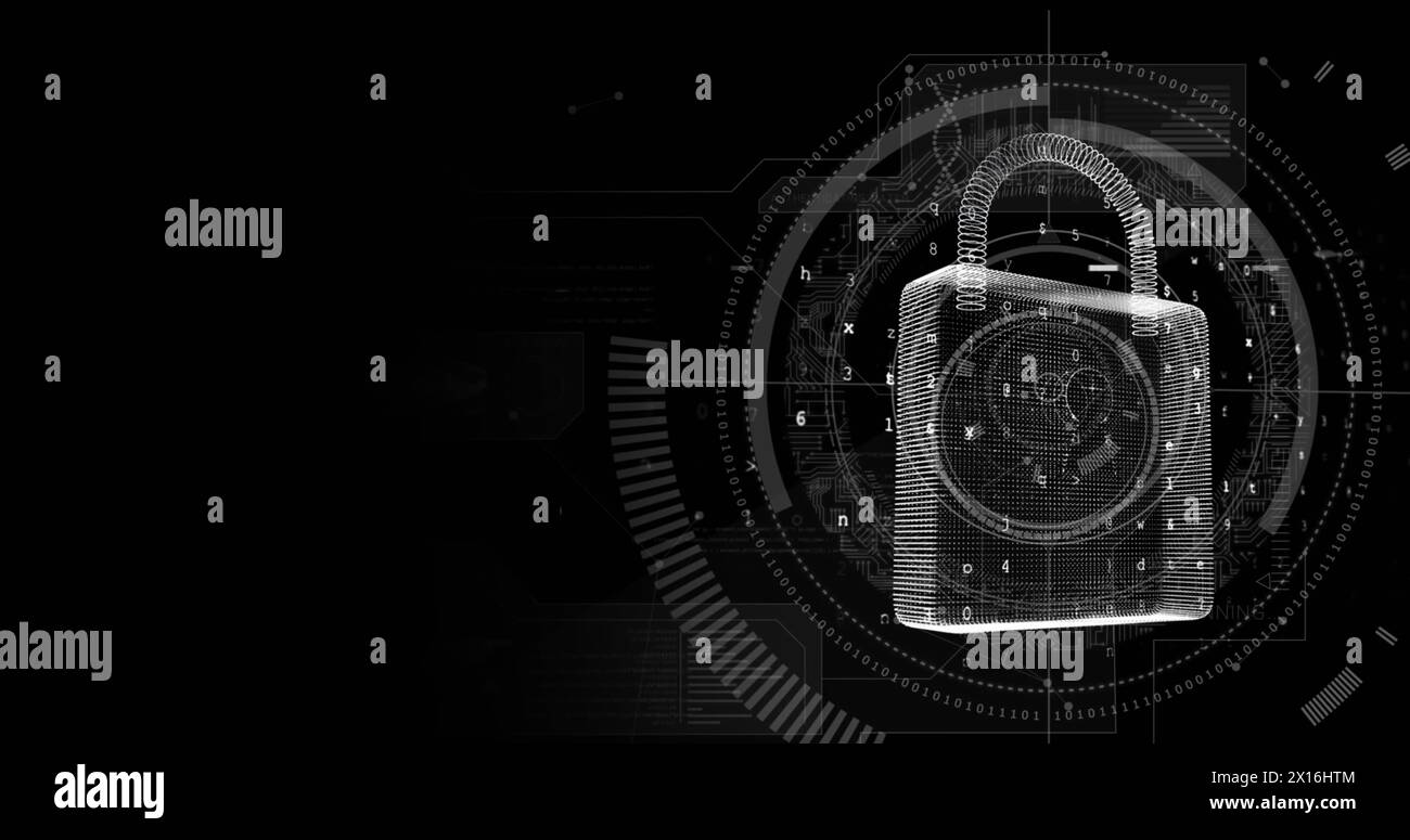 Image of round scanner and data processing over security padlock icon against black background ...