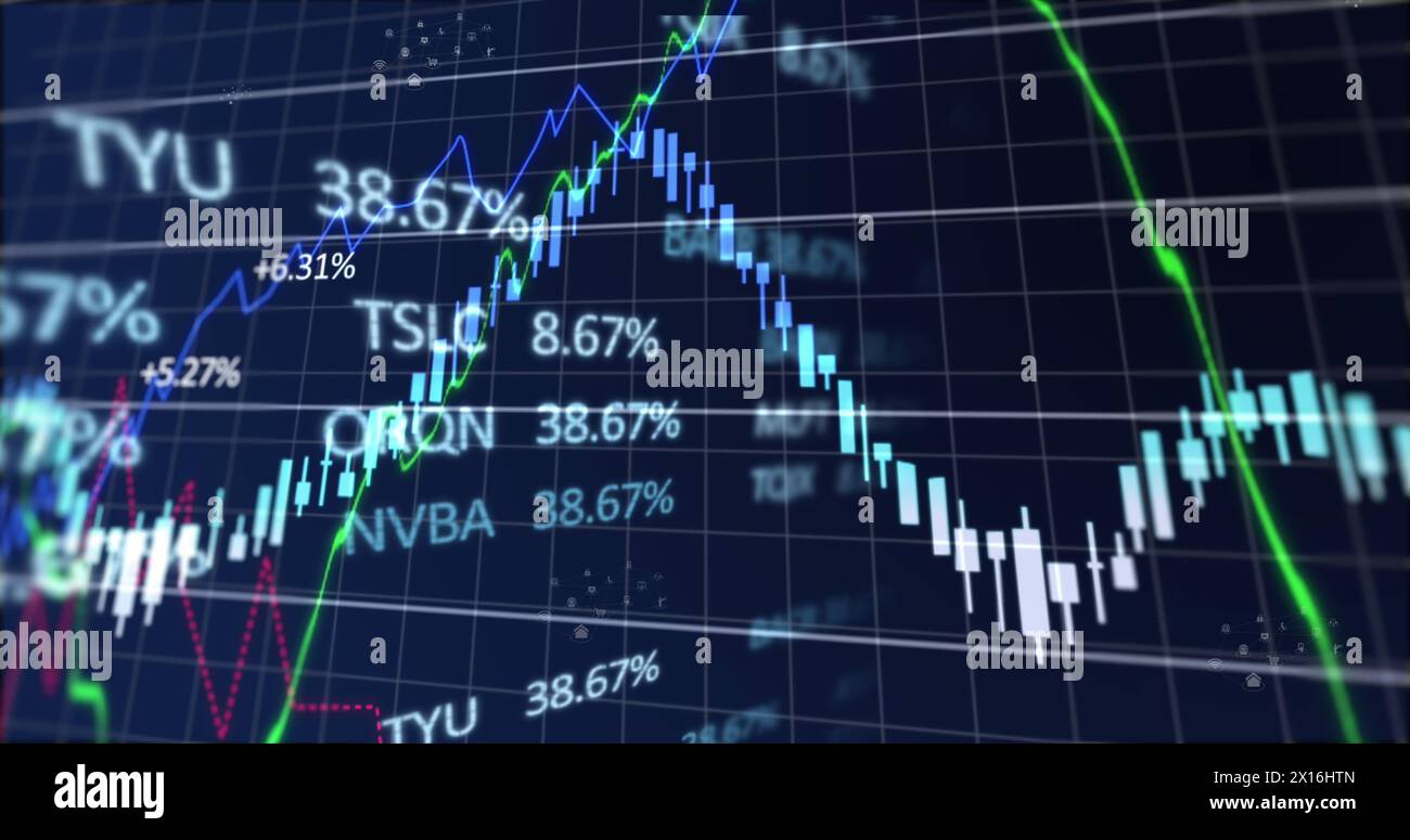 Image of graphs with changing numbers, trading boards and icons over ...