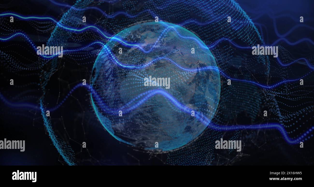 Image of dynamic wave pattern and dots around globe over abstract background Stock Photo - Alamy