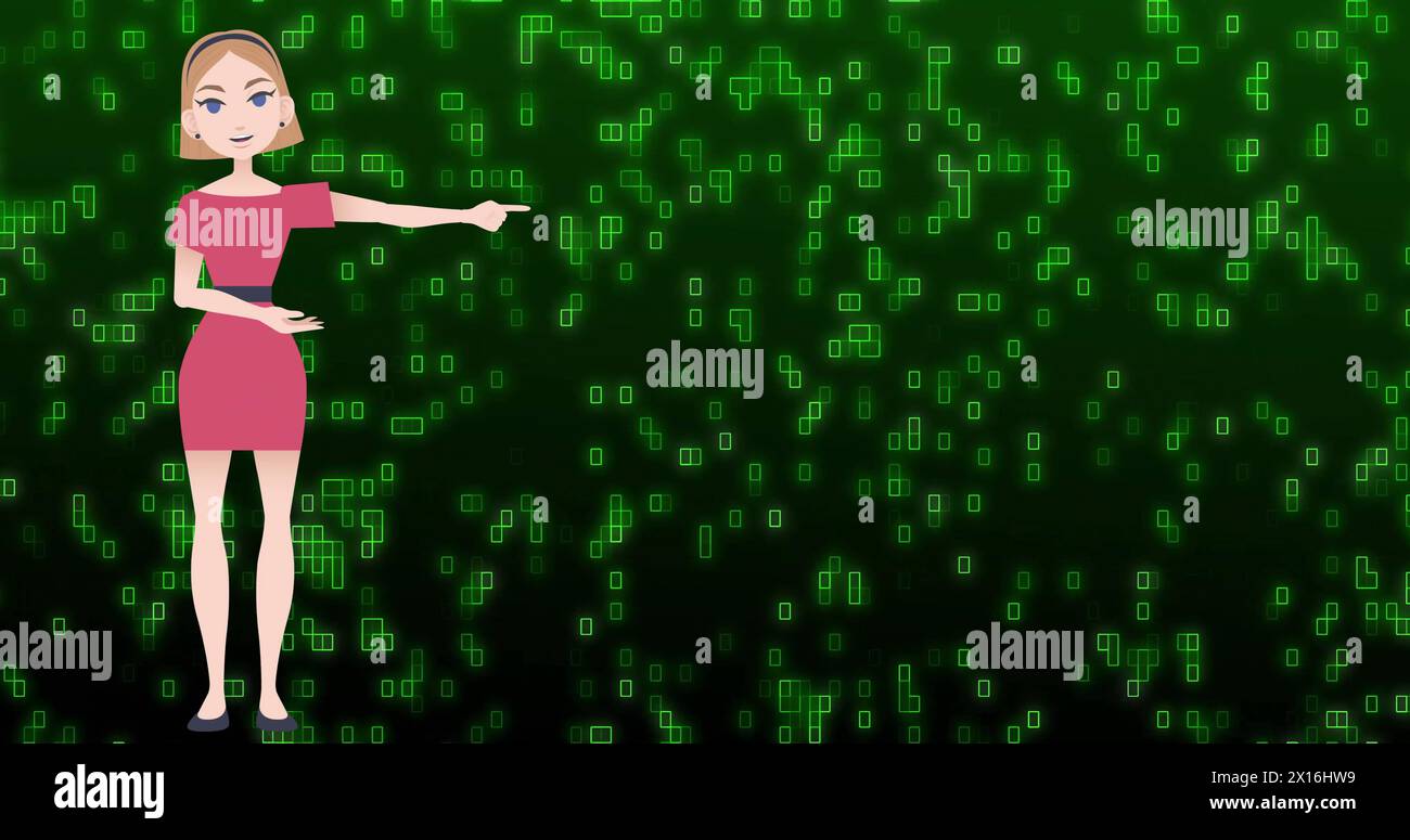 Image of illustrative female representation and binary codes over green ...