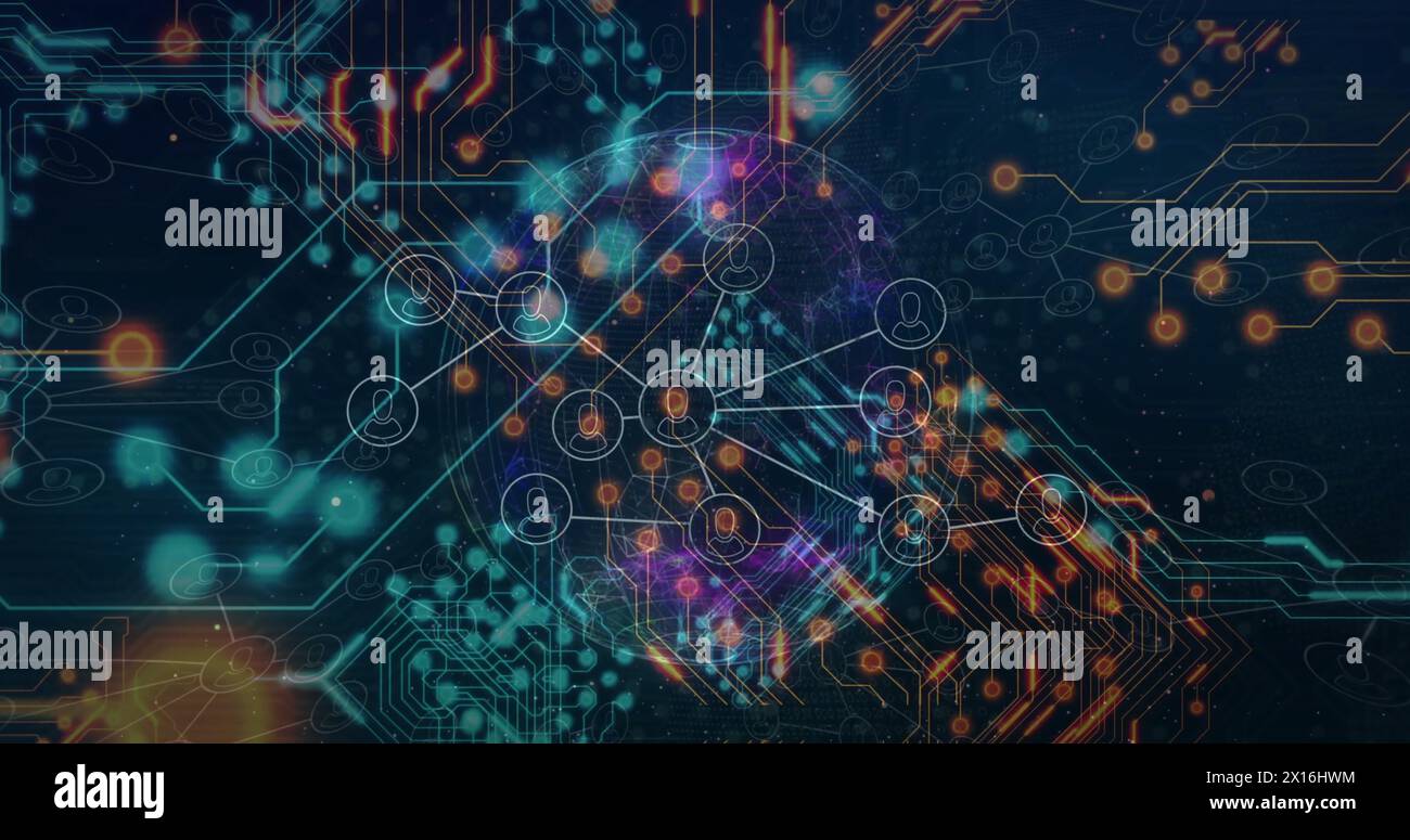Image of flowchart of icons and circuit board pattern over globe against abstract background ...