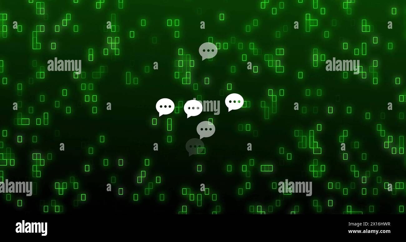 Image of speech bubbles and binary codes over green background Stock Photo - Alamy