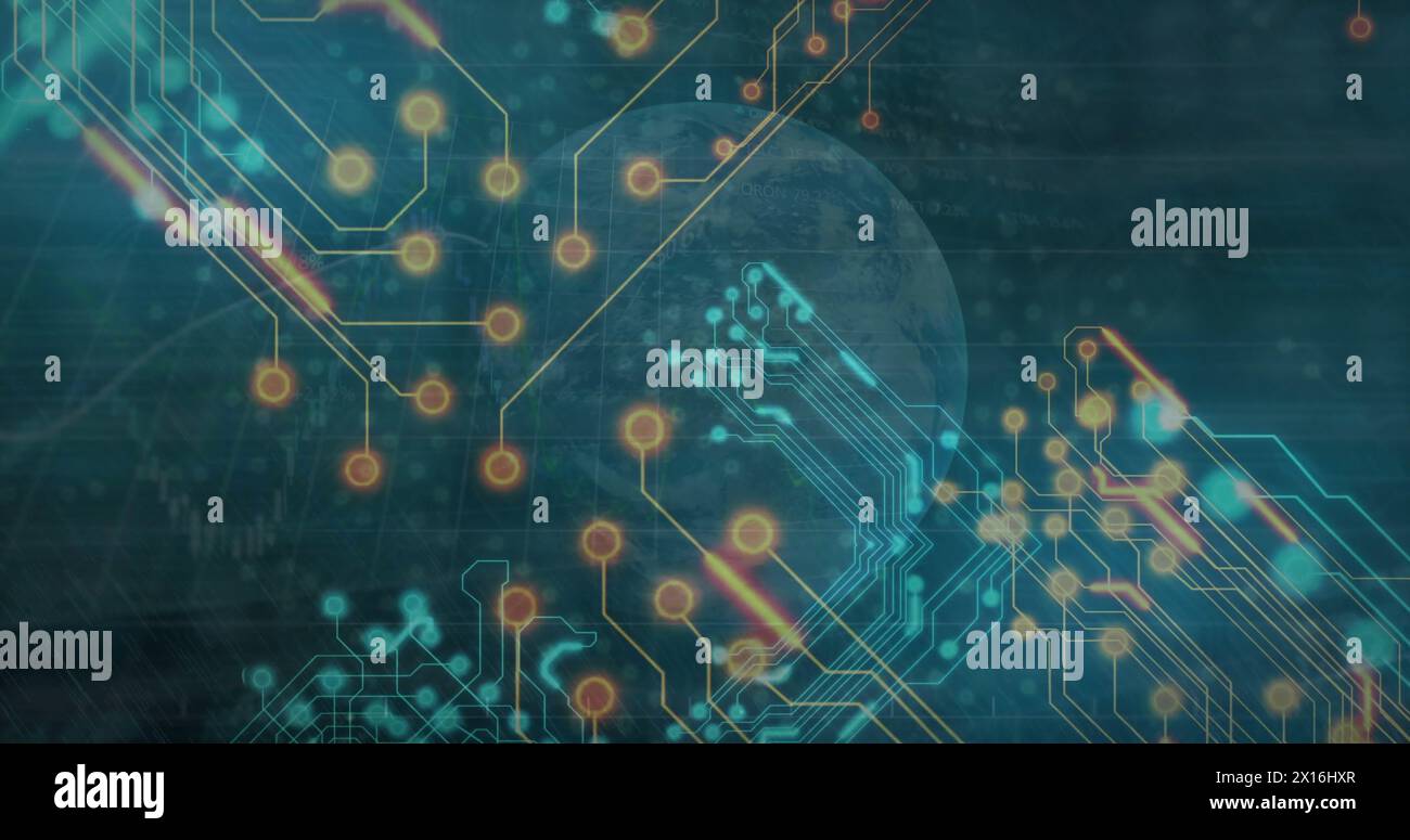 Image of illuminated circuit board pattern and rotating globe over abstract background Stock ...
