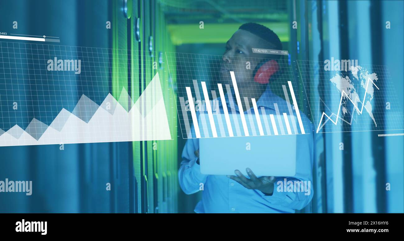 Image of data processing over african american male it technician ...